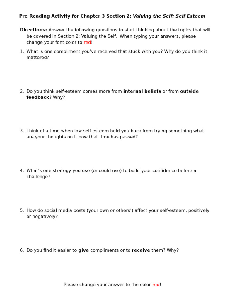 Self Esteem Pre Activity Online | PDF