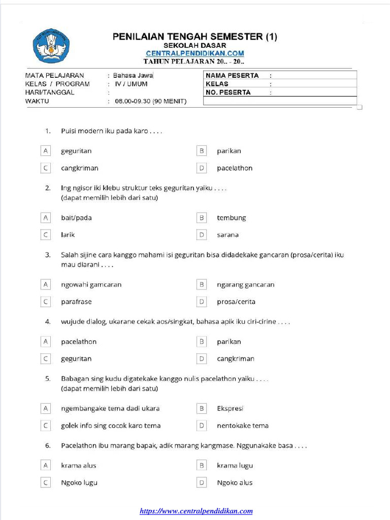 PDF Bahasa Jawa Kelas 4 Sem 1 2 Compress | PDF