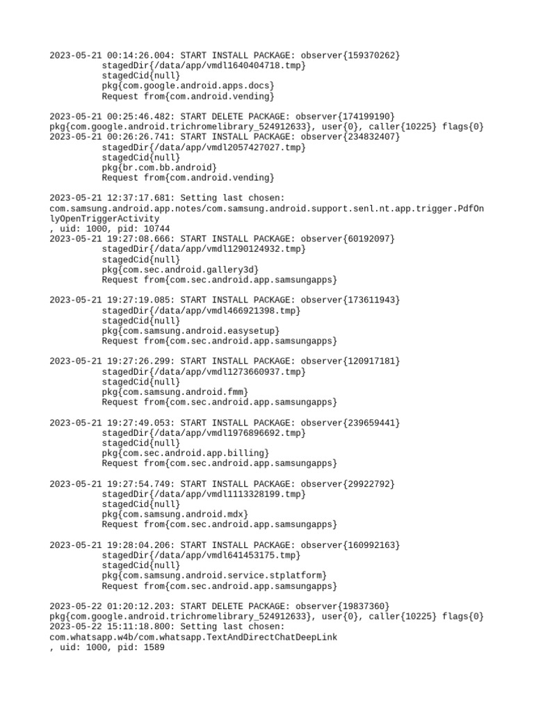 Android Package Install and Delete Logs | PDF | Android (Operating ...