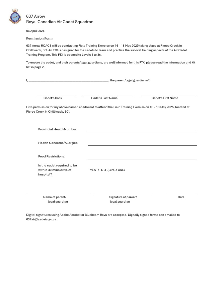 637 Arrow Cadet FTX Permission Form | PDF