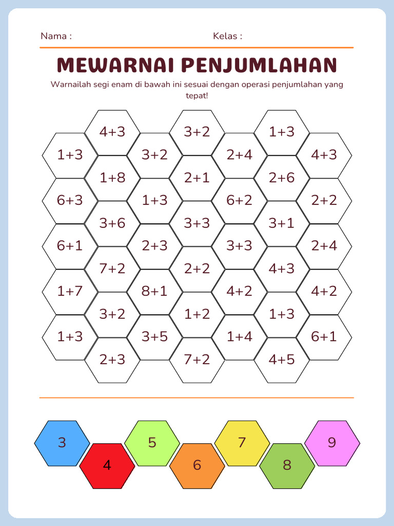 Mewarnai Segi Enam Penjumlahan Anak | PDF