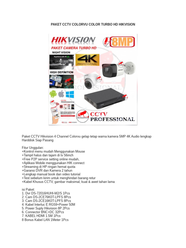 Paket CCTV Colorvu Color Turbo HD Hikvision | PDF