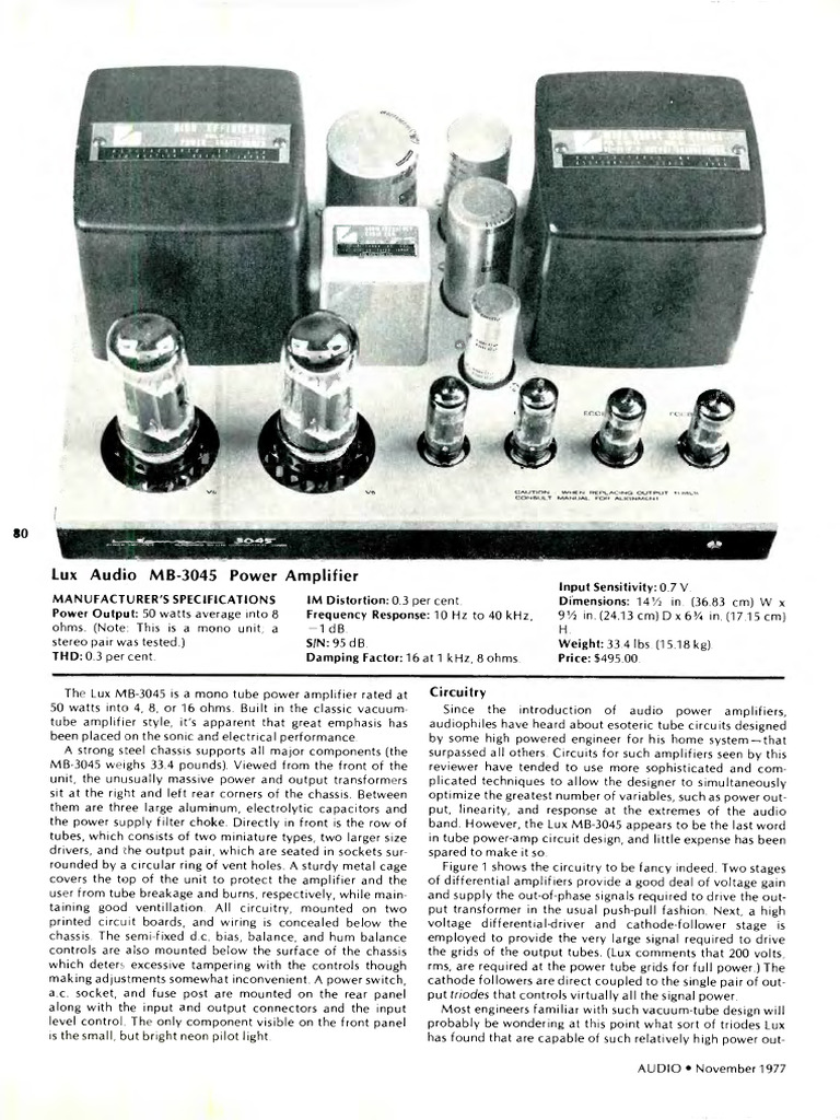 Lux MB-3045 Mono Tube Amplifier Specs | PDF | Amplifier | Vacuum Tube