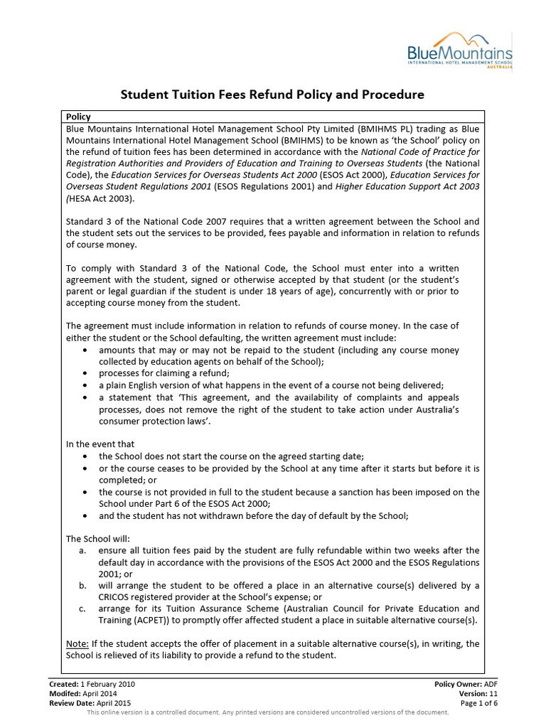 Student Tuition Fees Refund Policy and Procedure | PDF