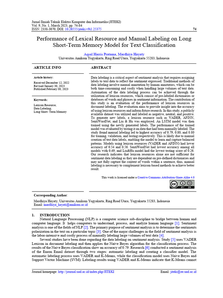 Performance of Lexical Resource and Manual Labeling On Long Short-Term Memory Model For Text ...