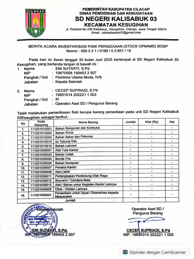 BA Stock Opname Persediaan SDN Kalisabuk 03 | PDF