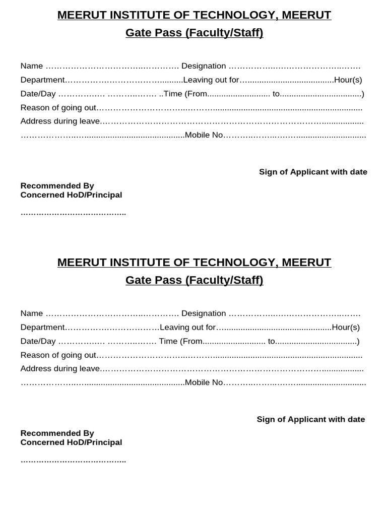 Gate Pass Format (FacultyStaff Going Out During Working Hours) | PDF