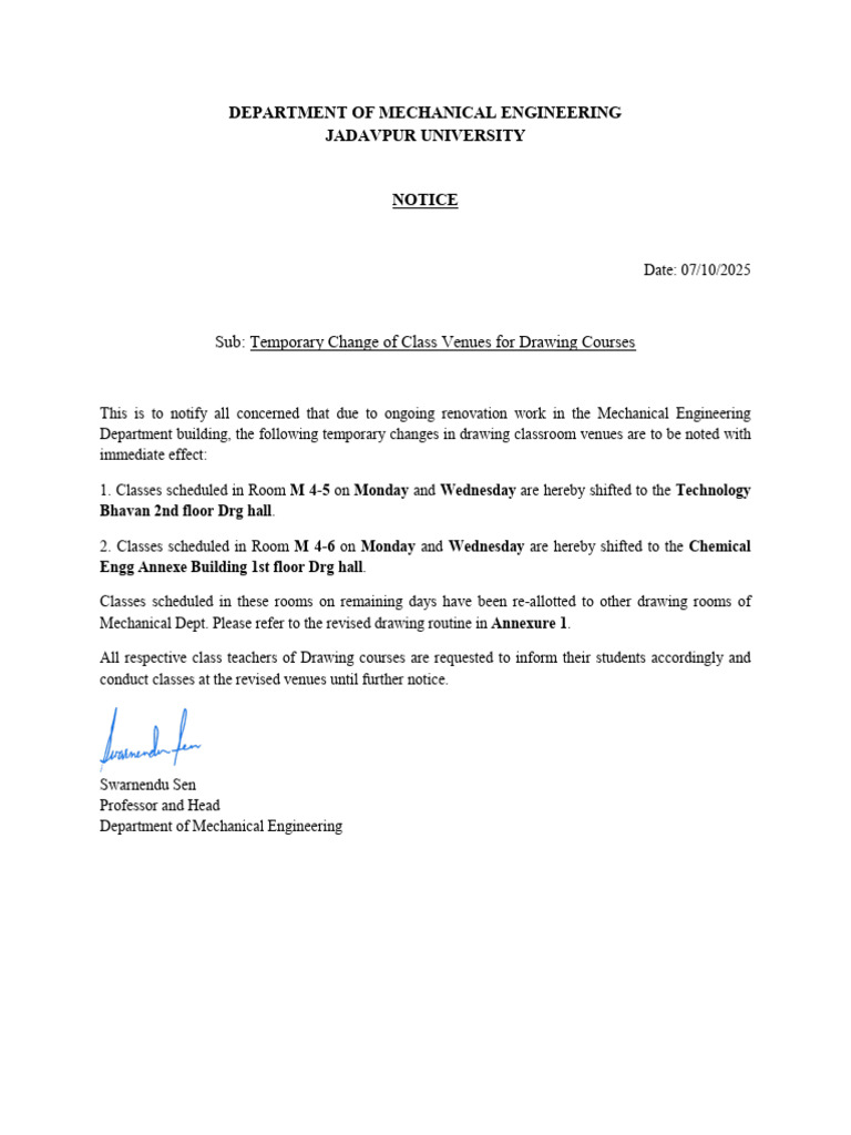 Temporary Venue Change for Drawing Classes | PDF