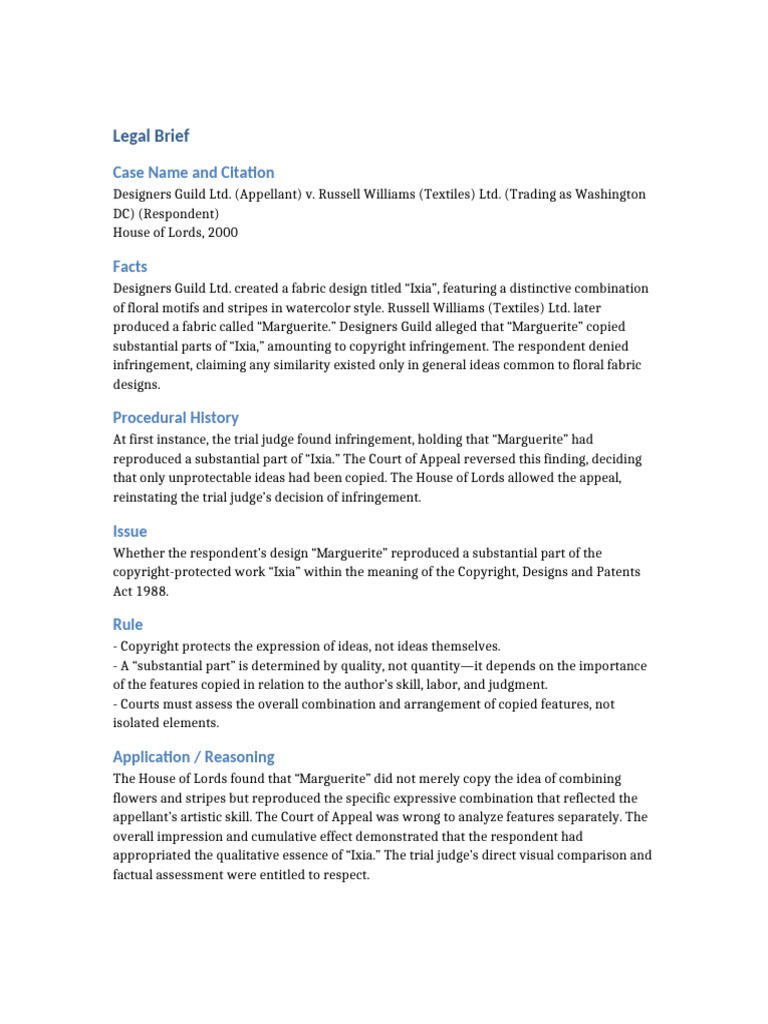 Designers Guild v. Russell Williams Case Summary | PDF | Appellate ...