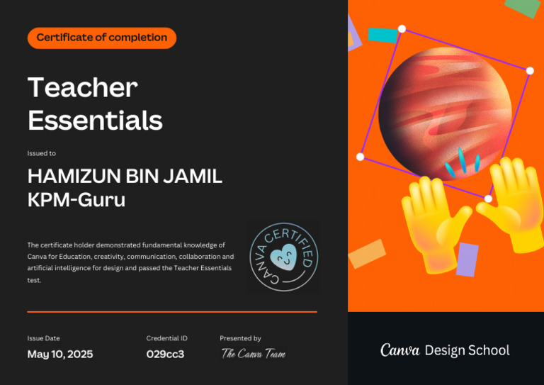 Hamizun Bin Jamil KPM Guru Teacher Essentials Certificate | PDF