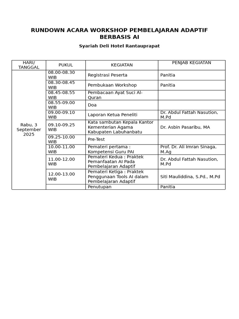 Rundown Acara Workshop Pembelajaran Adaptif Berbasis Ai | PDF