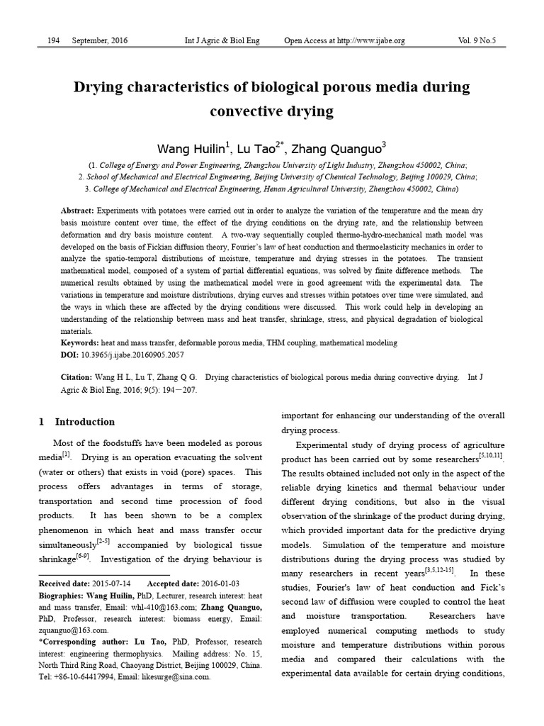 Drying Characteristics of Biological Porous Media During | PDF ...