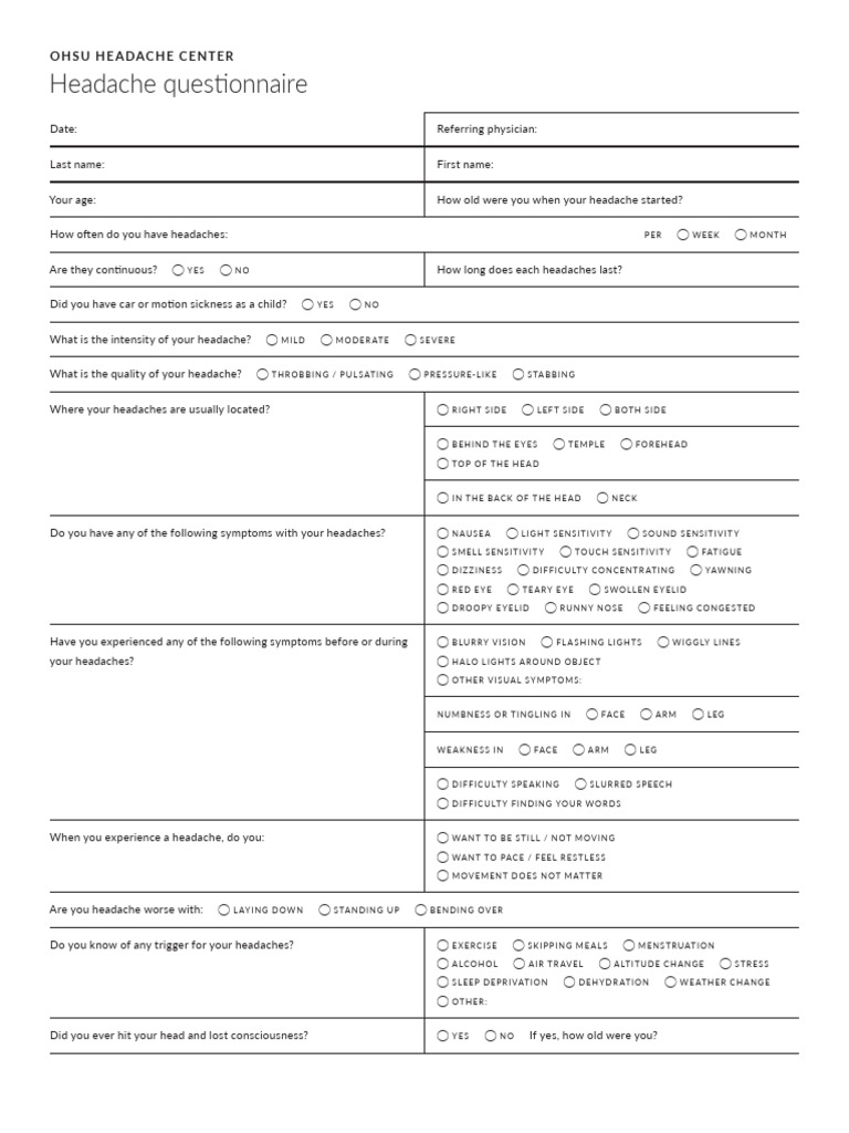OHSU Headache Questionnaire | PDF | Headache | Symptoms And Signs