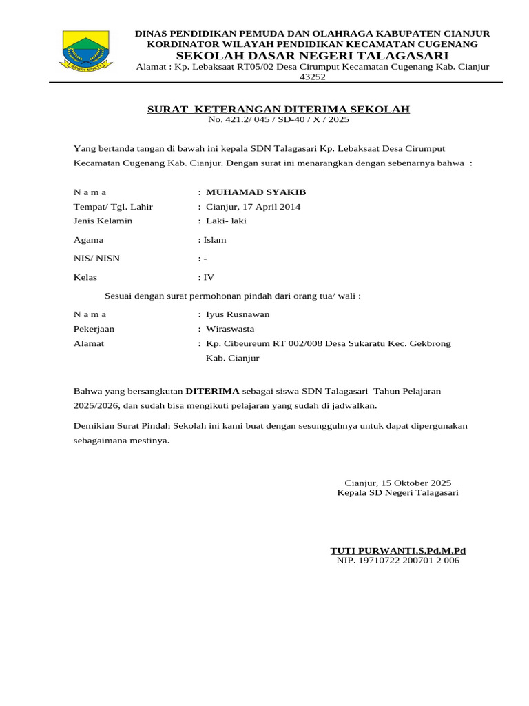 Contoh Surat Keterangan Diterima Disekolah | PDF