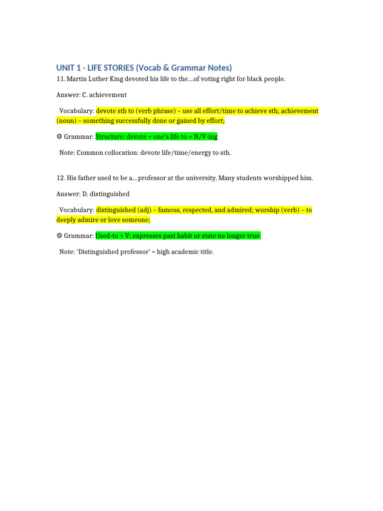 Unit 1 - Life Stories (Vocab & Grammar Notes) | PDF