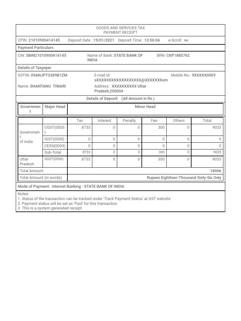 GST Payment Receipt for Shantanu Tiwari | PDF