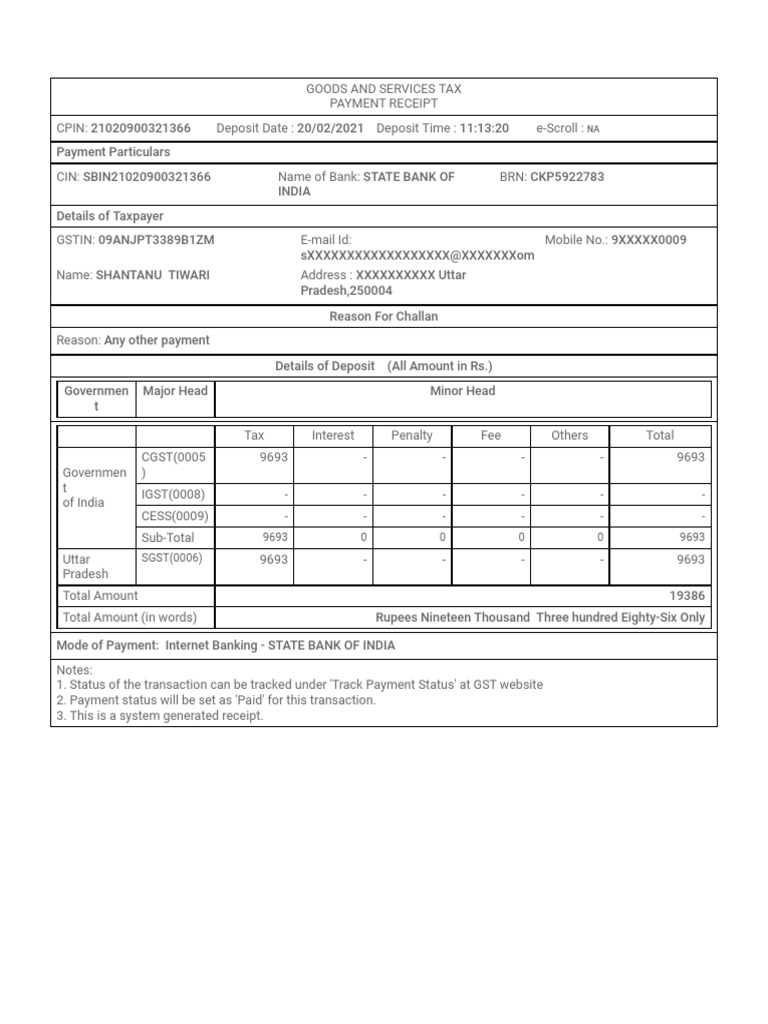GST Payment Receipt for Shantanu Tiwari | PDF