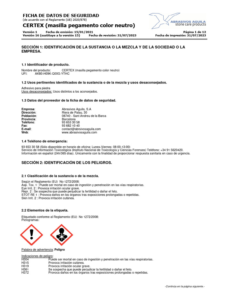 Ficha de Seguridad: CERTEX Medicina | PDF | Compuesto orgánico volátil ...