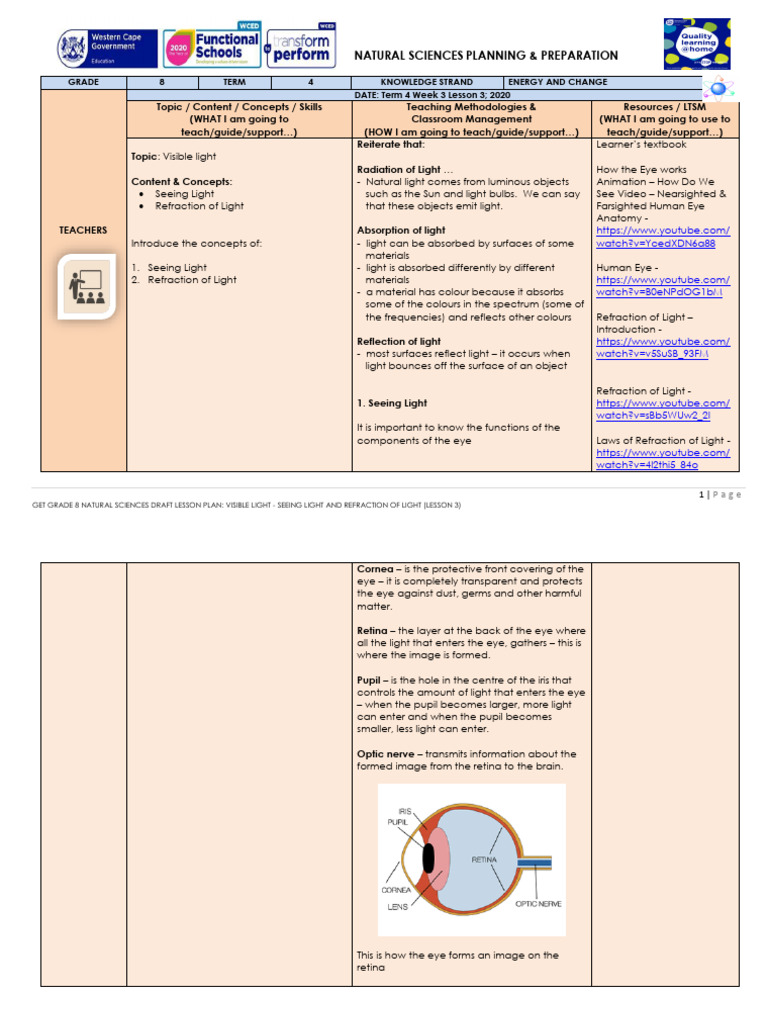 Lesson Plan Gr. 8 Natural Sciences Les. 3 T4 W3 | PDF | Light | Eye