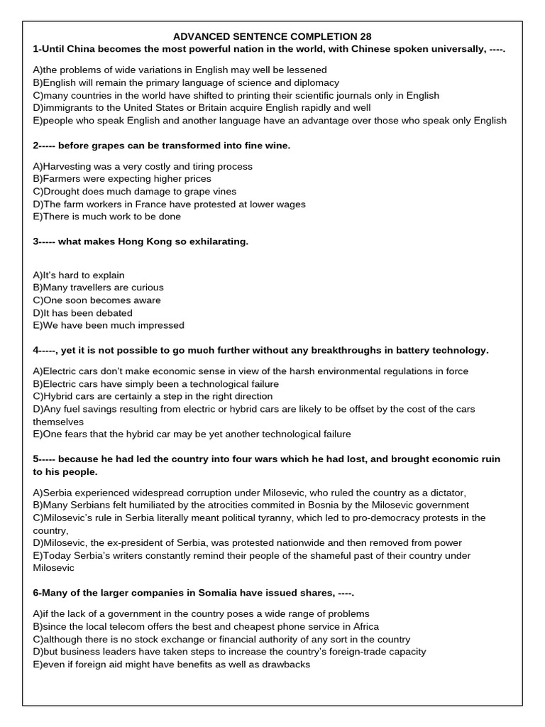 Advanced Sentence Completion Exercises | PDF | Inca Empire | English ...