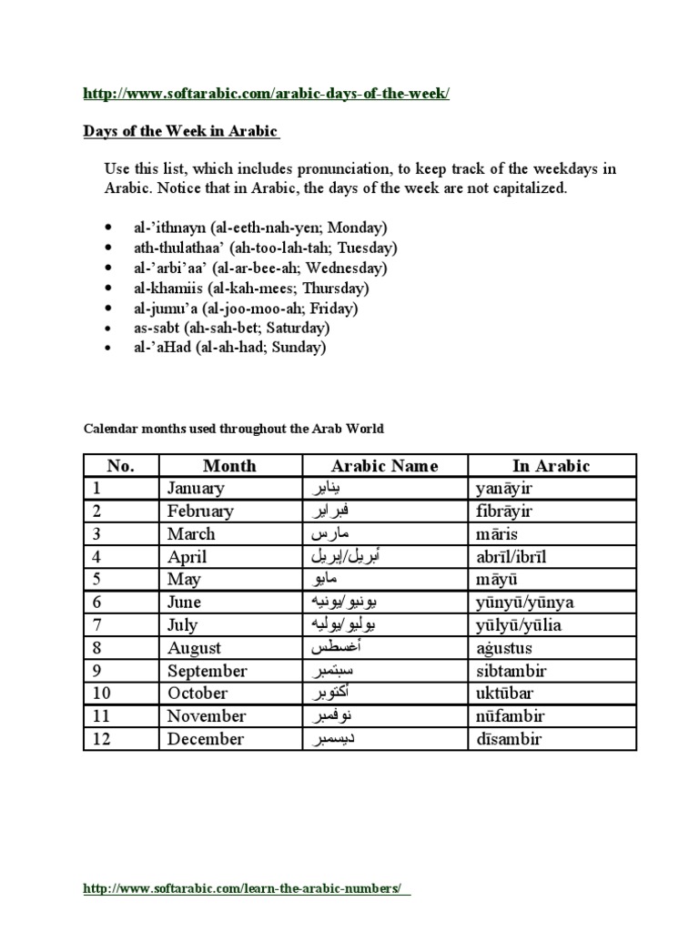 Arabic Days of the Week Guide | PDF