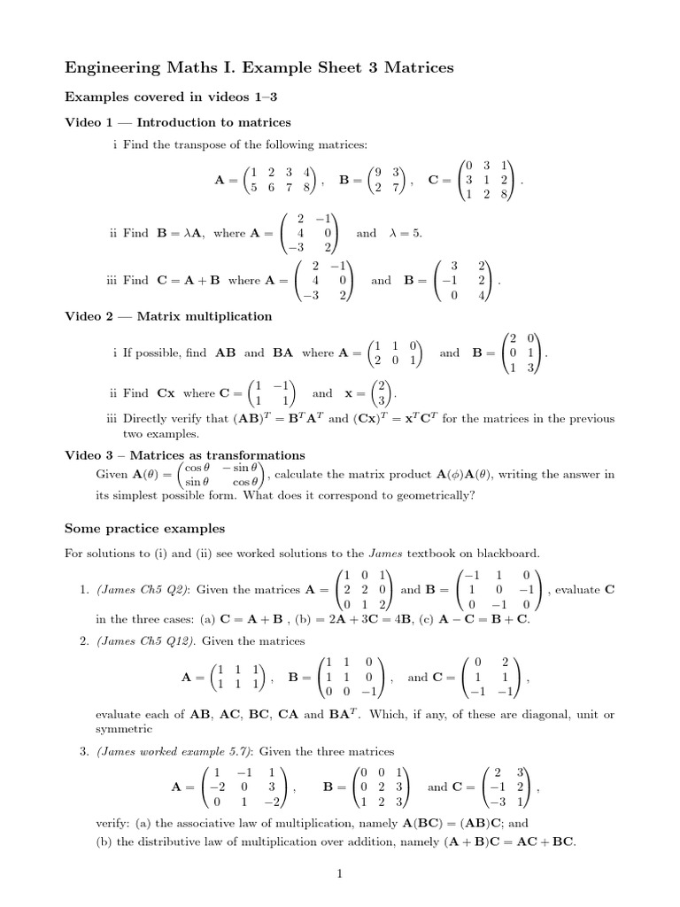 Engineering Maths I: Matrix Examples | PDF | Determinant | Matrix ...