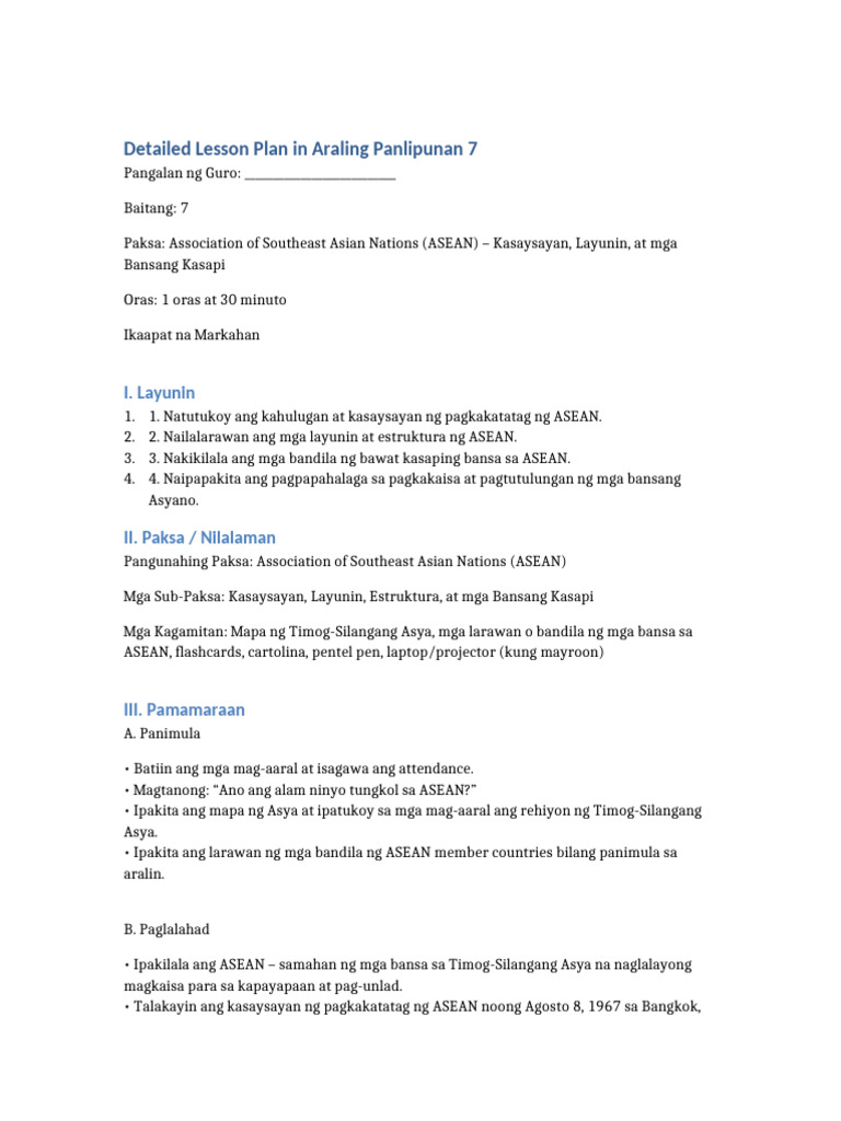 Detailed Lesson Plan AP7 ASEAN | PDF