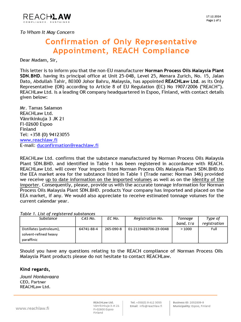 REACH Compliance Certificate_REACHLaw_Norman Process Oils Malaysia ...
