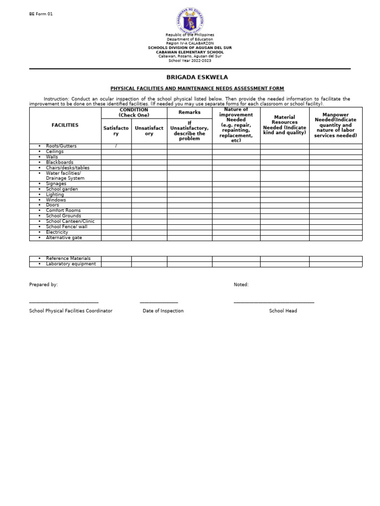 BE Form 1 PHYSICAL FACILITIES AND MAINTENANCE NEEDS ASSESSMENT FORM | PDF