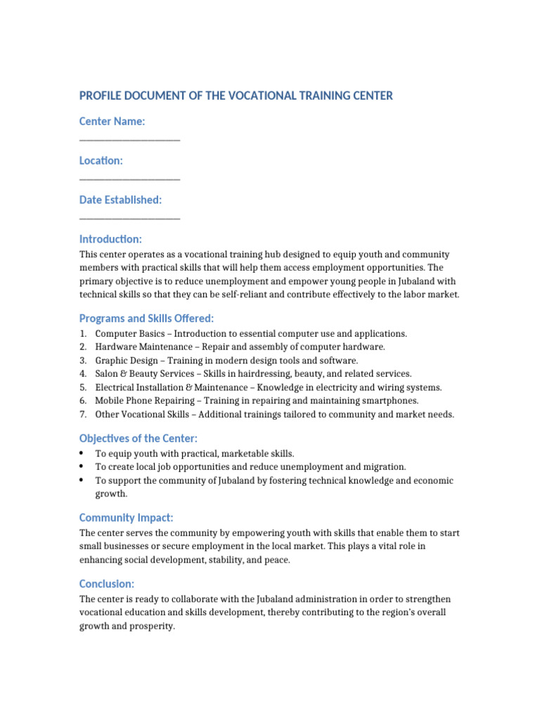 Vocational Training Center Profile | PDF