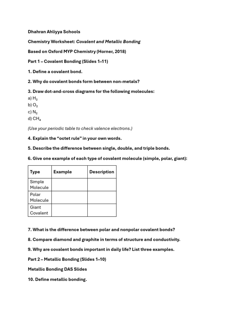 Covalent and Metallic Bonding Worked Slides | PDF