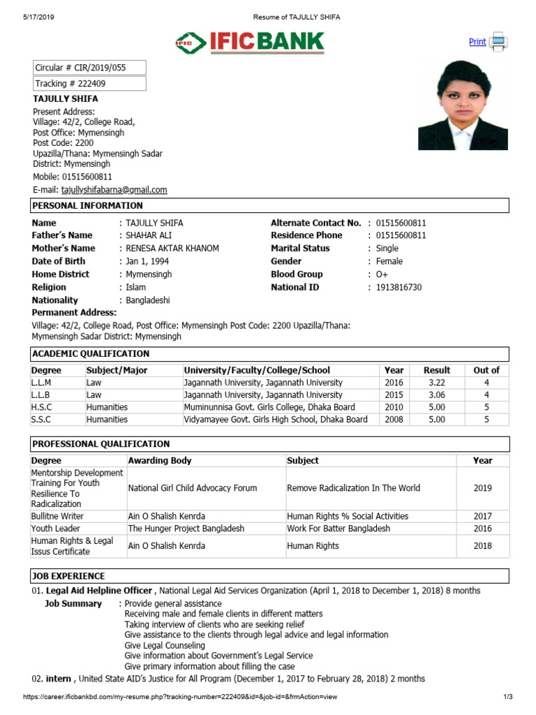 Resume of TAJULLY SHIFA (Law Officer) | PDF | Legal Aid | Justice
