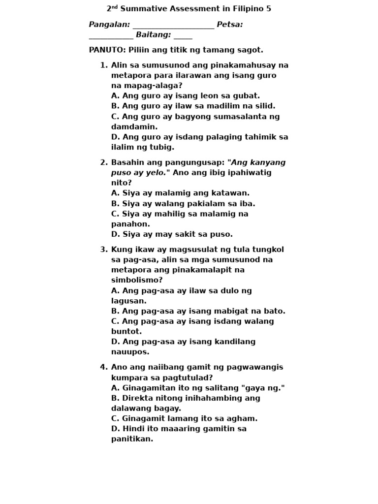 2nd Summative Assessment | PDF