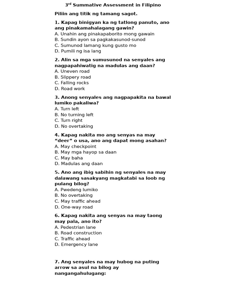 3rd Summative Assessment in Filipino | PDF