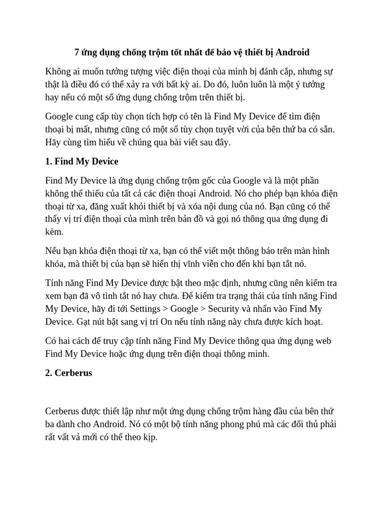 Top Ung Dung Chong Trom Tot Nhat de Bao Ve Thiet Bi Android | PDF