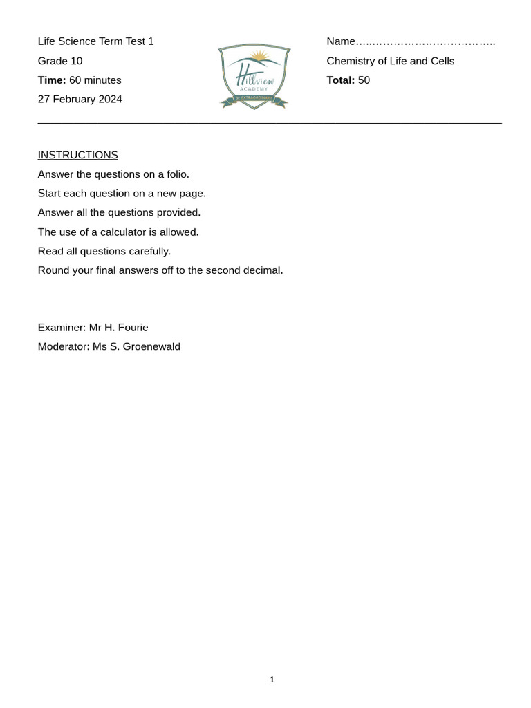 Grade 10 Life Science Term Test | PDF | Carbohydrates | Organic Compounds