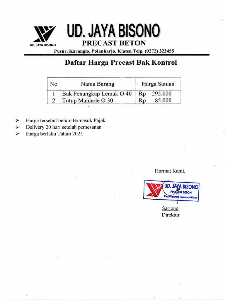 Daftar Harga Bak Manhole 2025 | PDF