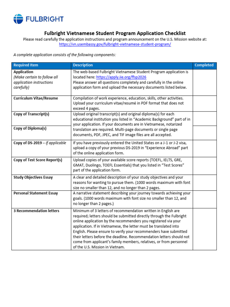 Application Checklist Vn Student Program Ay26 27 Pdf Résumé
