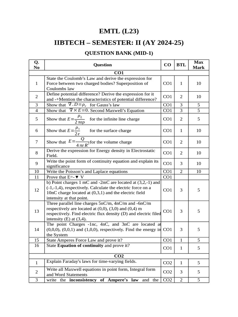 2-2 - EMTL Question Bank &assignment Questions | PDF | Electric Field ...