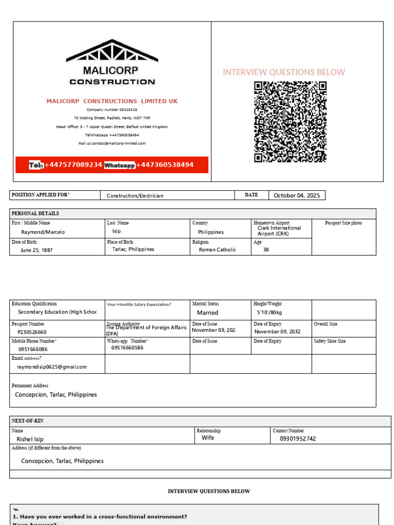 Malicorp Constructions Uk Interview Questions QR | PDF | Cost Of Living | Organizational Culture