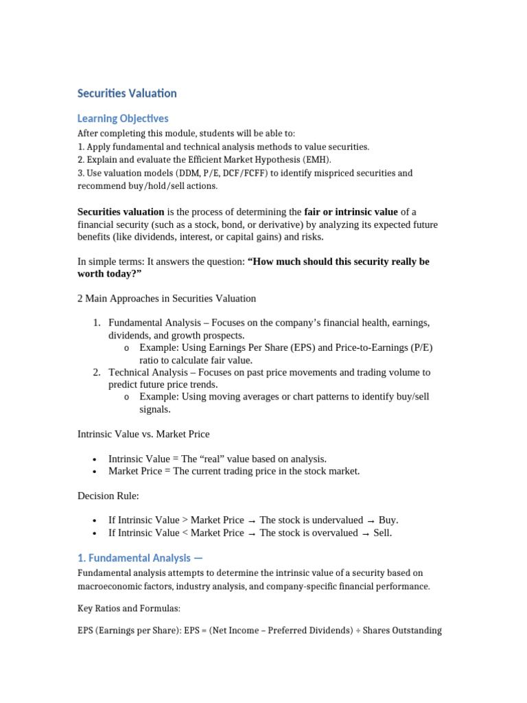 Securities Valuation Techniques Explained | PDF | Valuation (Finance ...