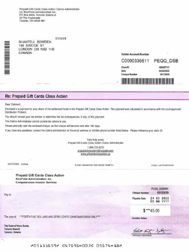 Class Action Cheque Front & Back 45.00 | PDF