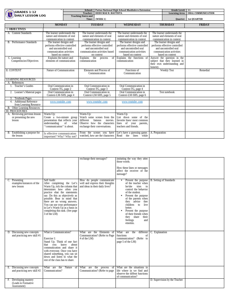 DLL Oral Communication W1 | PDF | Communication | Learning