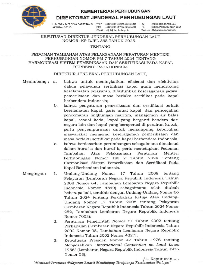 Keputusan Direktur Jenderal Perhubungan Laut Nomor: KP-DJPL 365 Tahun ...
