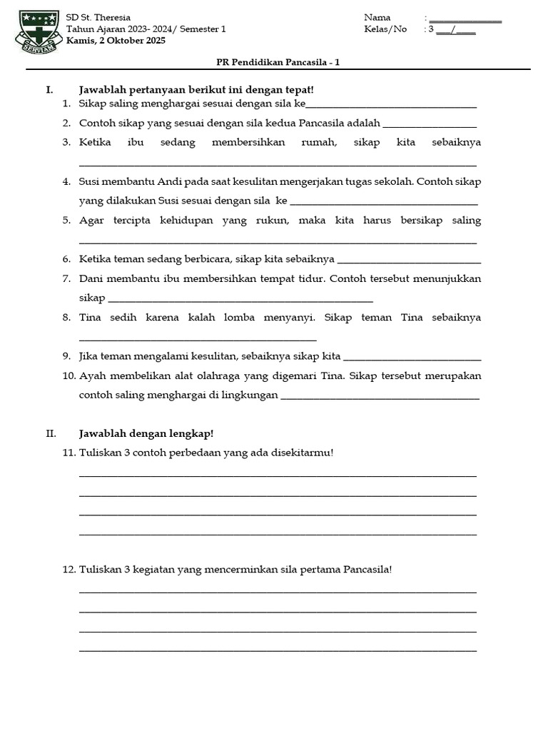 PR Pancasila Kelas 3 SD St. Theresia | PDF