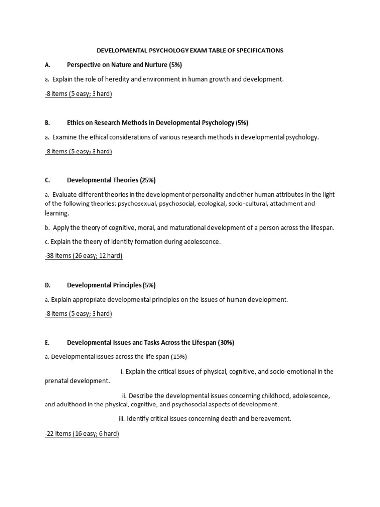 Developmental Psychology Exam Table of Specifications | PDF ...