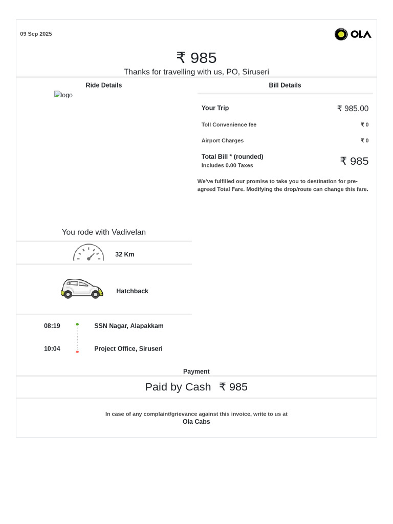 Invoice for Ola Cab Ride to Siruseri | PDF | Invoice | Fare