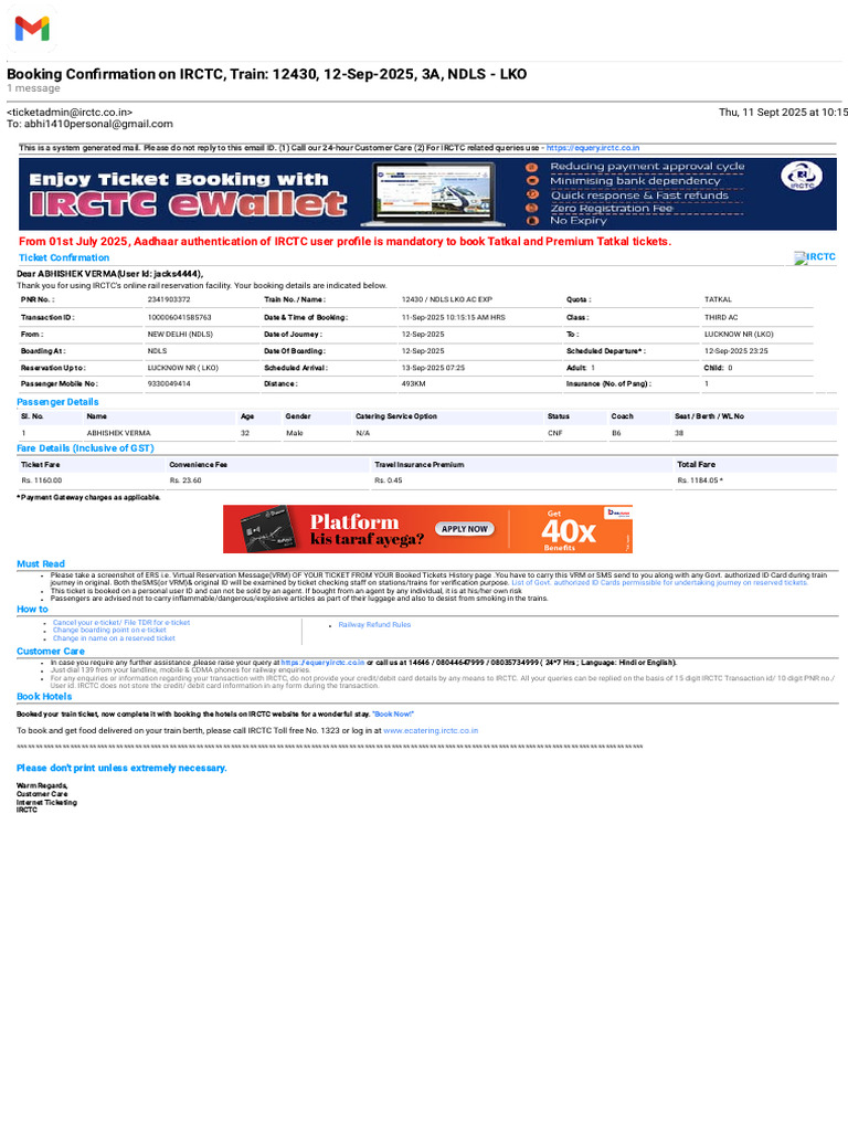 Gmail - Booking Confirmation on IRCTC, Train_ 12430, 12-Sep-2025, 3A ...