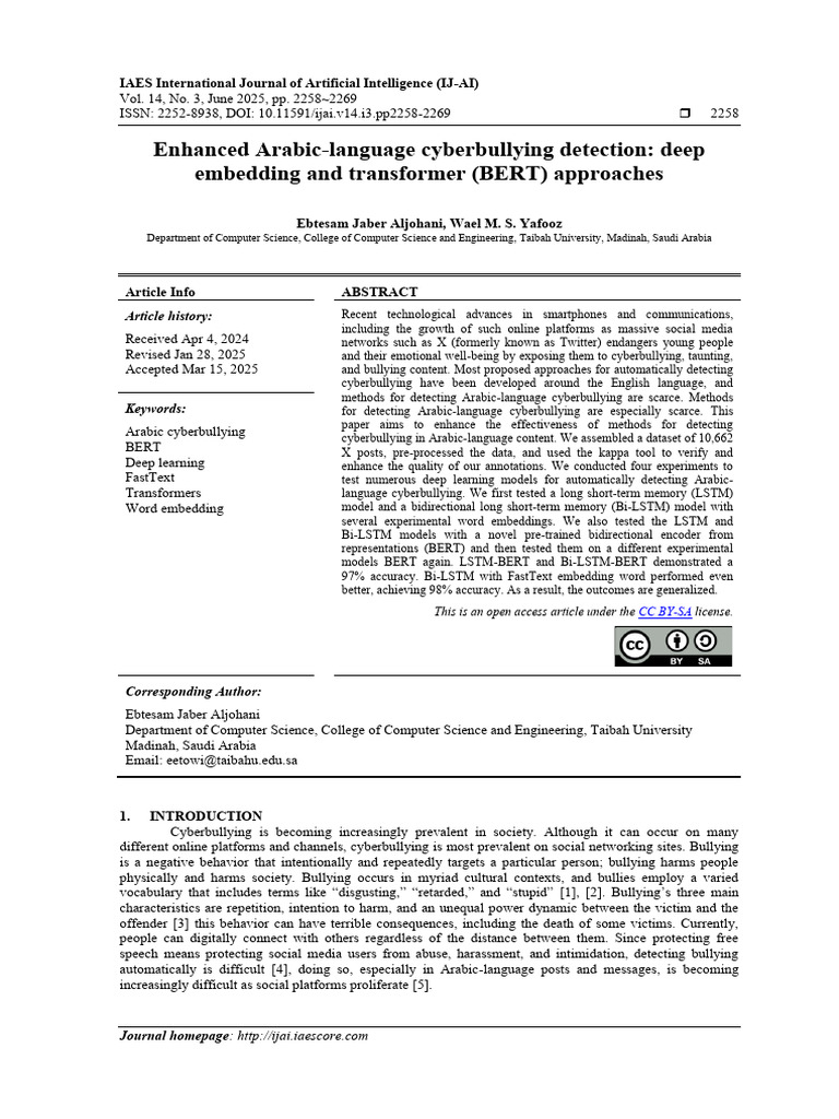 Enhanced Arabic-Language Cyberbullying Detection: Deep Embedding and ...