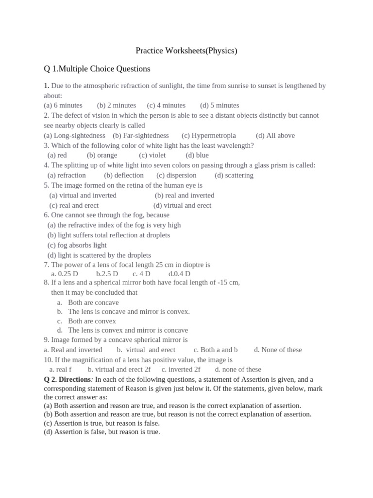 Practice Worksheet For Physics Class X.1759485851 | PDF | Mirror | Light